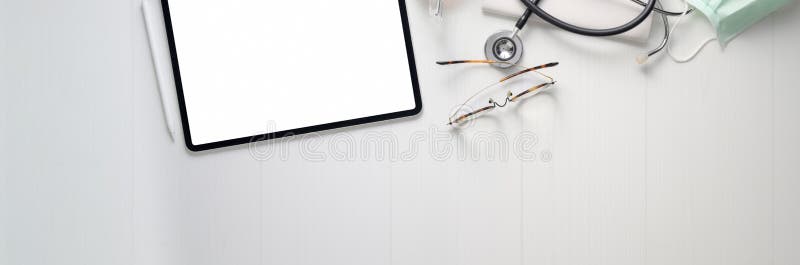 Top View of Doctor Workspace with Mock-up Tablet, Stethoscope, Doctor ...