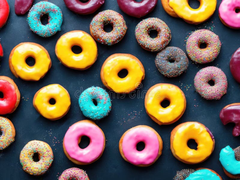 Top View of Donuts in Various Colors and Flavors on Blue Table, Ai ...