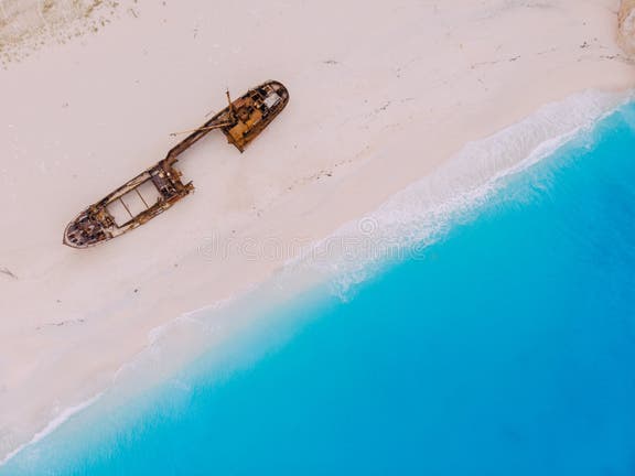 Top View Down on an Old Rusty Ship Lying on the Beach. Stock Image ...