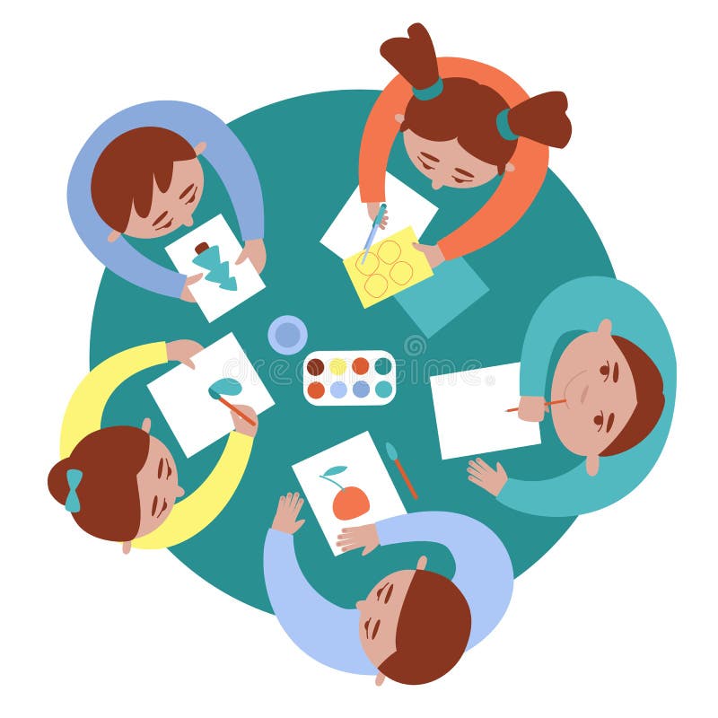 Top View of Drawing Children at the Table Stock Vector - Illustration ...