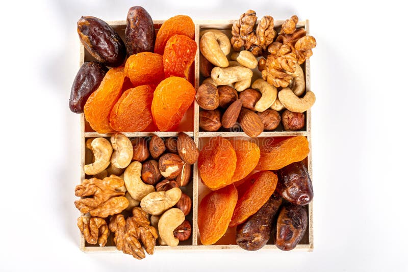 Top View, Dried Apricots, Dates with Various Nuts in a Box Stock Image ...