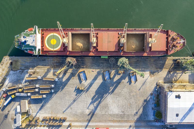 Top View from a Drone of a Large Ship Loading Grain for Export. Stock ...