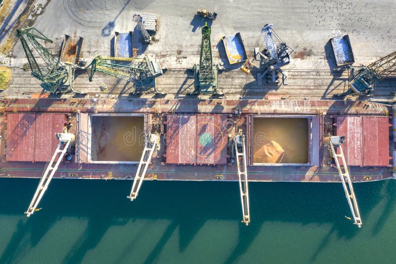 Top View from a Drone of a Large Ship Loading Grain for Export. Stock ...