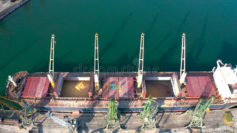 Top View from a Drone of a Large Ship Loading Grain for Export. Stock ...