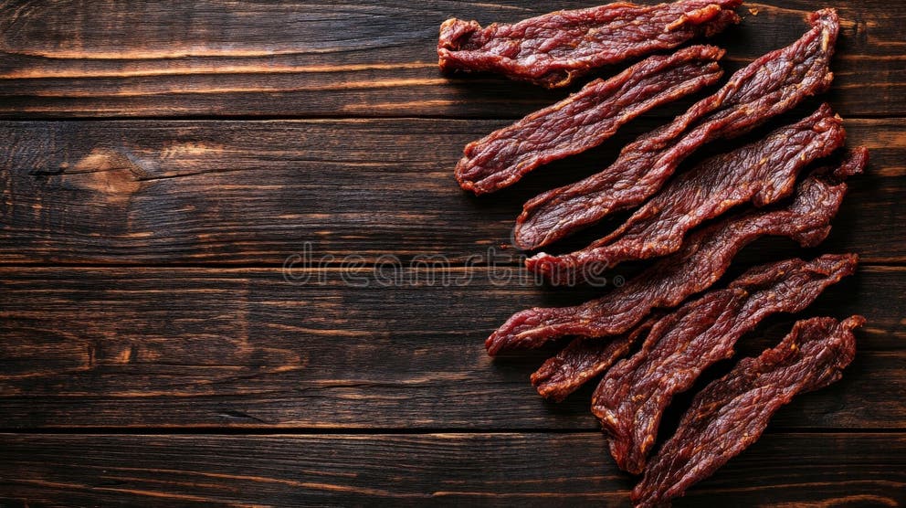 The Top View of Duck Breast Jerky on a Rustic Table with a Copy Space ...