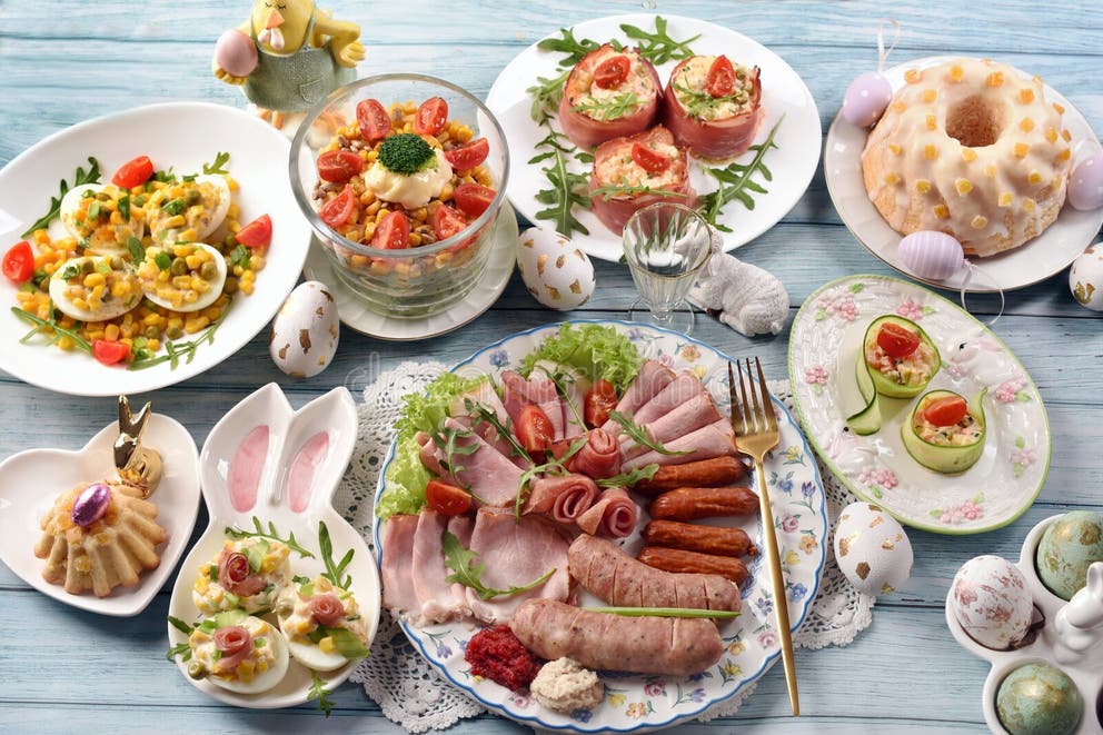 Top View of Easter Breakfast with a Plate of Cold Cuts, Deviled Eggs ...