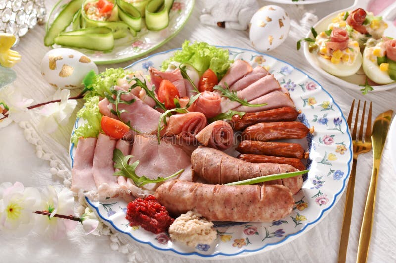 Top View of Easter Breakfast with a Plate of Cold Cuts and White ...