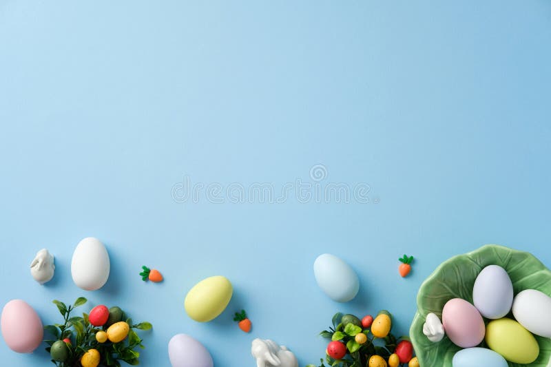 Top View Easter Composition. Flat Lay Colorful Easter Eggs, Bunny ...