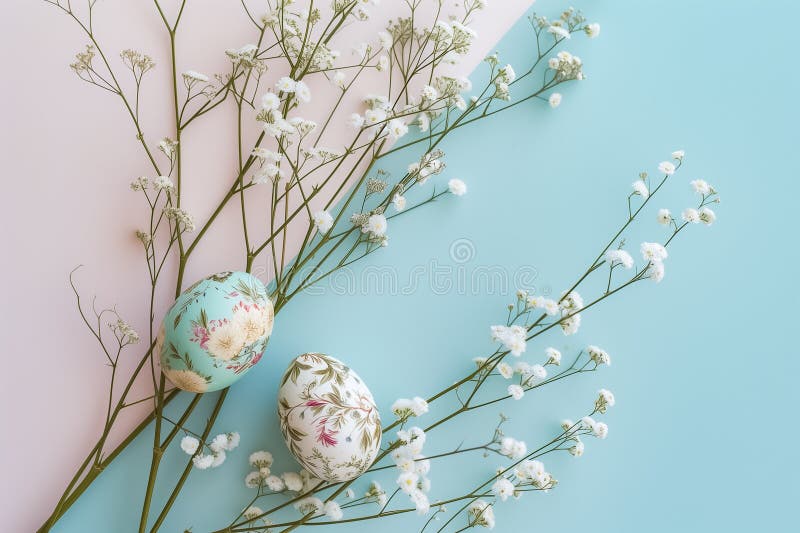 Top View of Easter Eggs with Flower Pattern and Spring Flowers on Blue ...