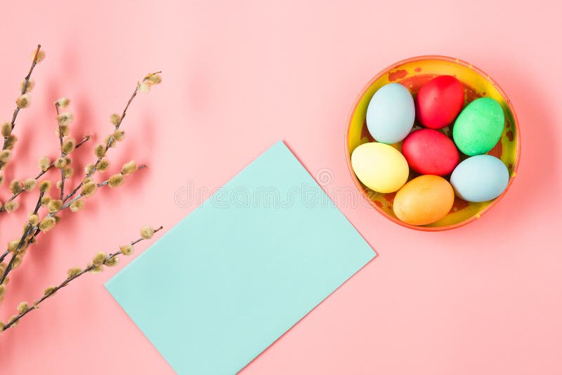The Top View of Easter on Pink Table Office Workplace Stock Image ...