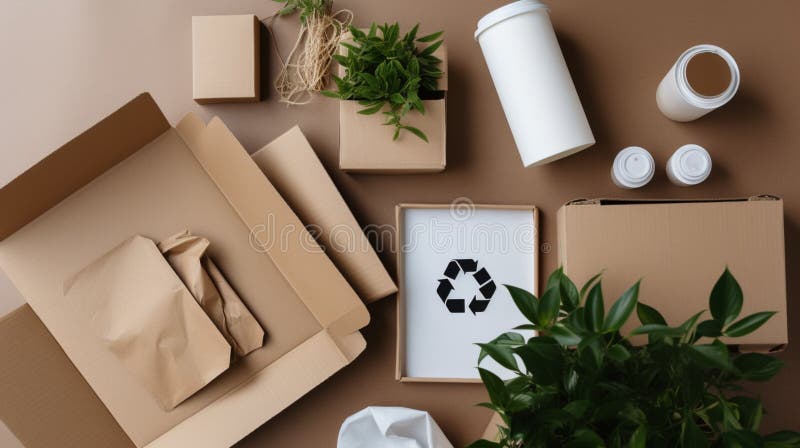 Top View of Eco Friendly Items and Paper Packaging with Recycle Sign ...