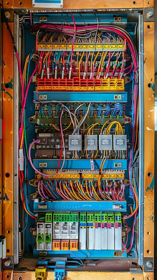 Top View of Electrical Panel with Colorful Wiring and Circuit Breakers ...