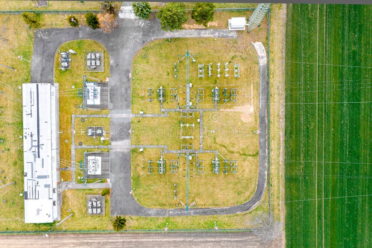 Top View of Electrical Substation among Fields, Aerial View of High ...
