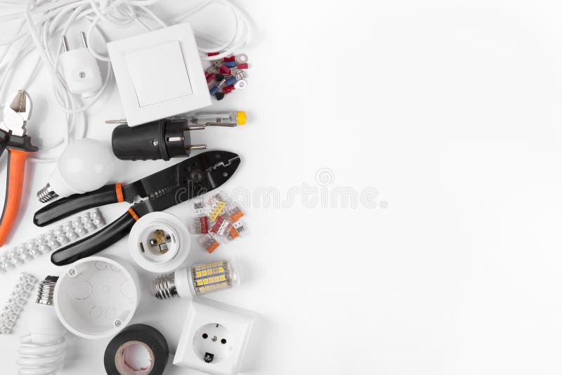 Top View Of Electrical Tools And Equipment On White Stock Image - Image ...