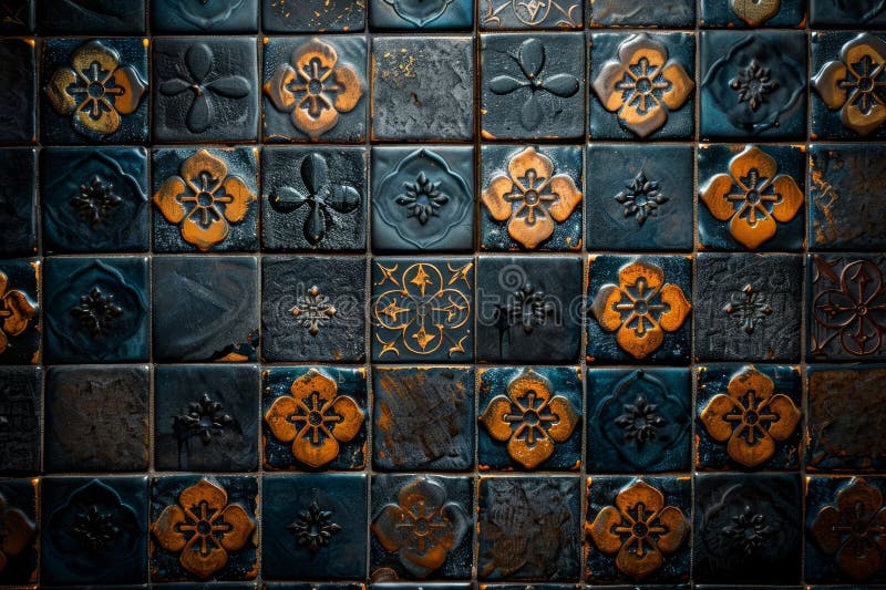 Top View of Elegant Blue Ceramic Tiles Decorated with Detailed Golden ...