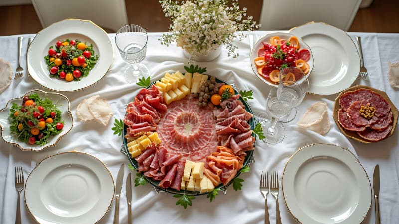 Top View Elegant Wedding Table Setting, Cold Cuts, Cheese, Salad ...