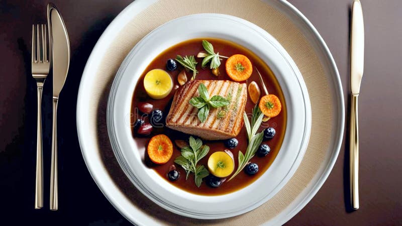 Elegant Gourmet Plated Dishes with Top View Table Setting Stock ...