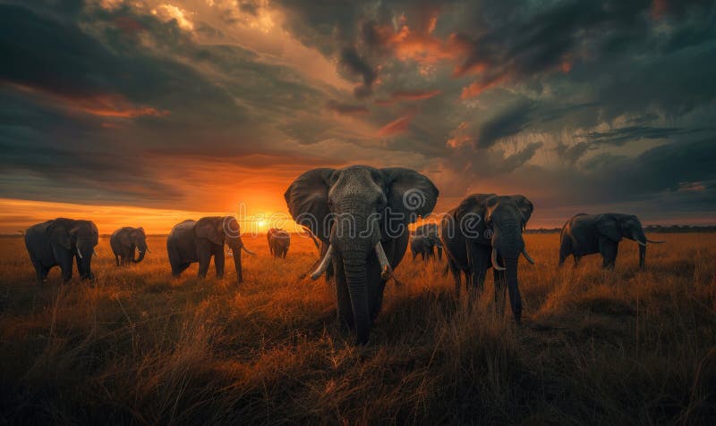 Top View of an Elephant Herd at Sunset Stock Image - Image of african ...