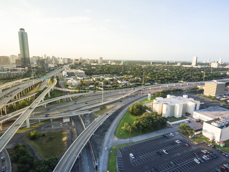 Top View Elevated Highway Stack Interchange and Houston Skylines Stock ...
