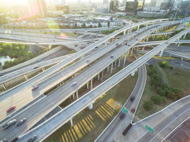 Top View Elevated Highway Stack Interchange and Houston Skylines Stock ...