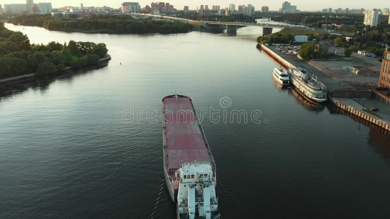 Top View of Empty Barge without Cargo Float Along the River in Summer ...