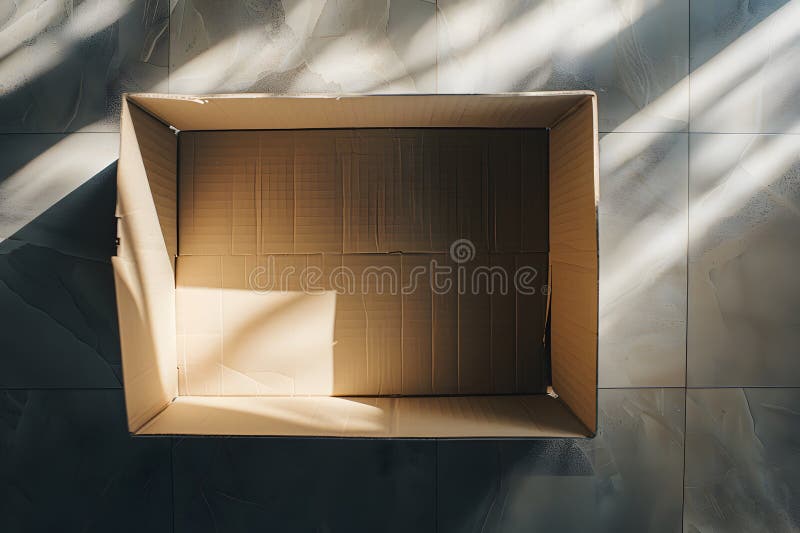 A Top View of an Empty Cardboard Box on a Sunlit Floor, Showcasing ...