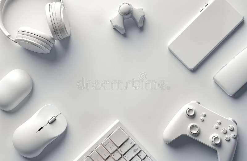 Top View of Empty Gamer Workspace. Modern White Keyboard Mouse Headset ...