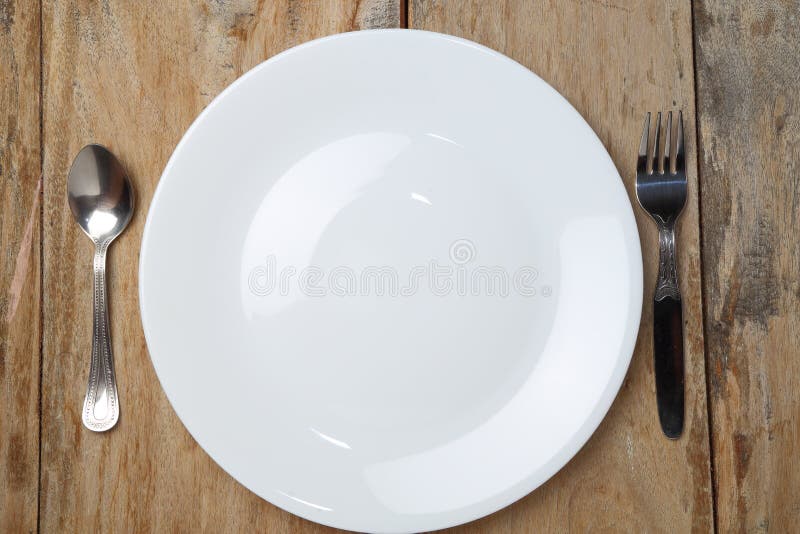 Top View Empty Plate on Rustic Wooden Table Stock Photo - Image of ...