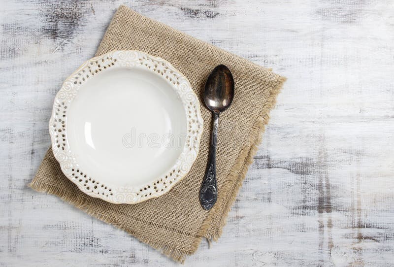 Top View Empty Plate on Rustic Wooden Table Stock Photo - Image of ...