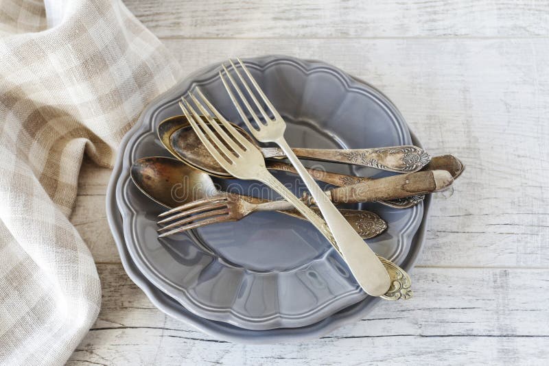 Top View Empty Plate on Rustic Wooden Table Stock Photo - Image of ...