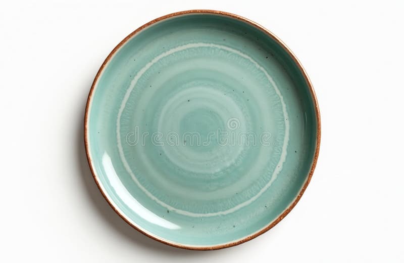 Top View of Empty Turquoise Ceramic Plate with Brown Rim on White ...