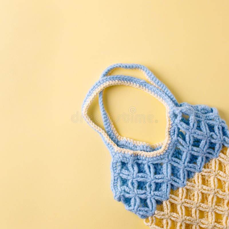 Top View of Empty Yellow Blue String Bag on Yellow Background, Zero ...