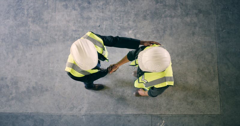 Top View, Engineer and People with Handshake for Construction Deal ...