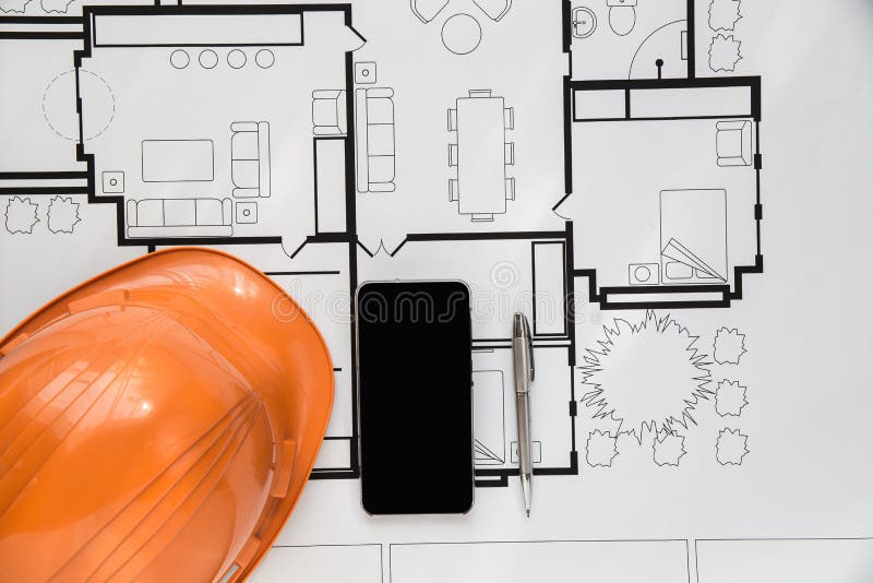 Top View Engineer Plan on Wood Stock Photo - Image of architectural ...