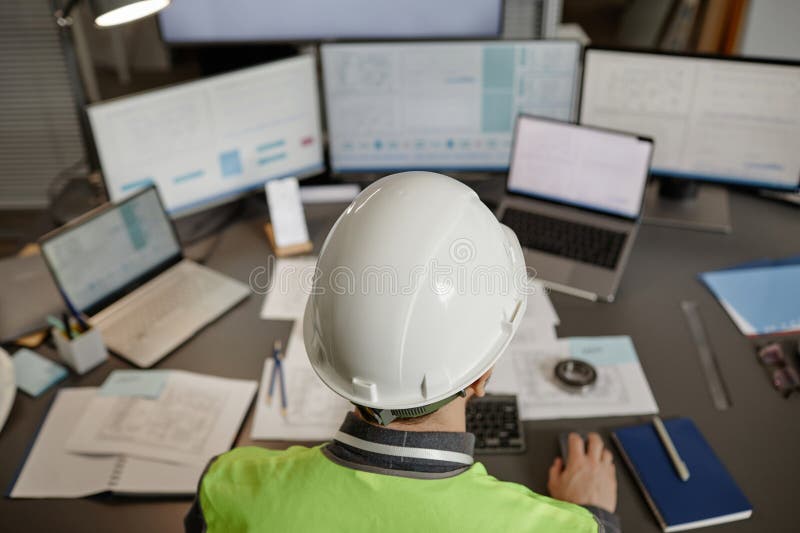 Top View of Engineer Wearing Hardhat and Using Computer Stock Image ...