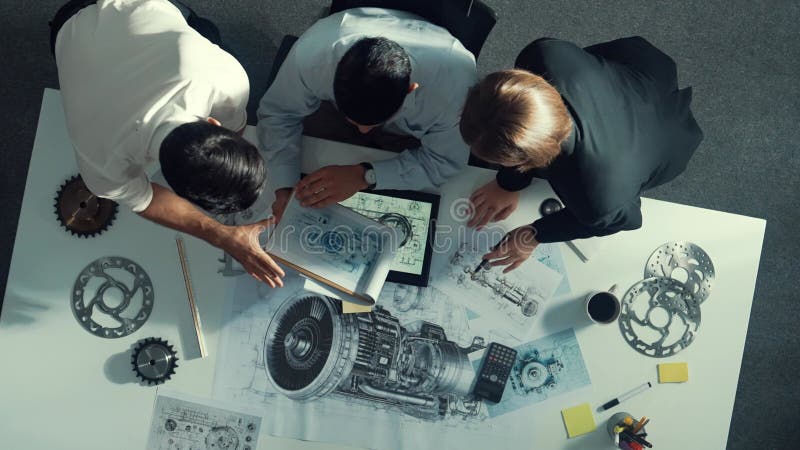 Top View of Engineer Working Together while Looking at Jet Engine ...