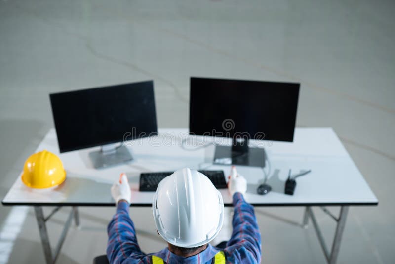 Top View Engineering Computer Using Operate in the Warehouse Off Stock ...