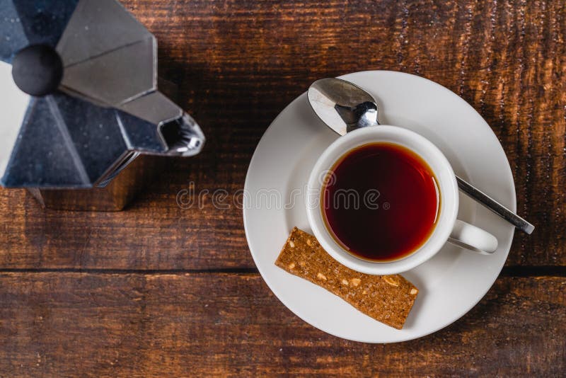 Top View of Espresso Brewed with Moka Pot on Wooden Table Stock Image ...