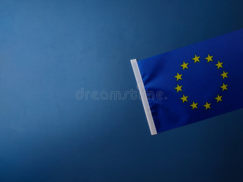 Top View European Union Flag on a Blue Background with Copy and Text ...