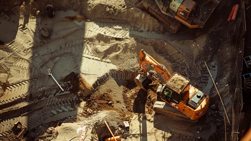 Top View of an Excavator Digging a Deep Hole at a Construction Site ...
