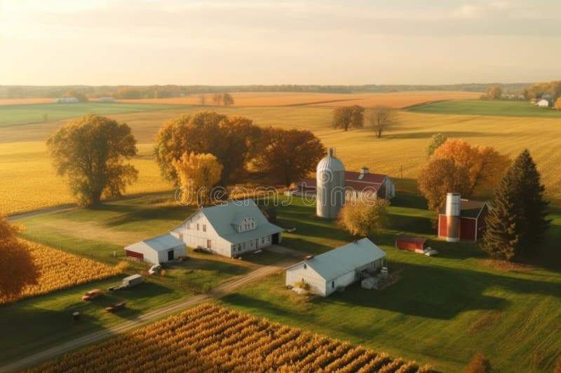 Top View of the Farm and Fields Sunset Time Stock Illustration ...