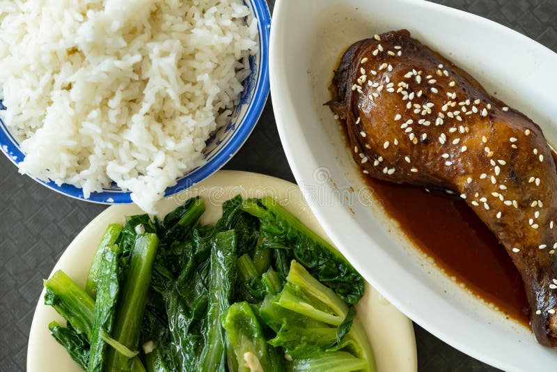 Fast Food of Chicken Leg with Vegetable and Rice Horizontal Composition ...