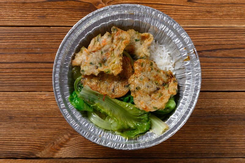 Fast Food of Fried Fish Cutlet and Cabbage and Rice Stock Photo - Image ...
