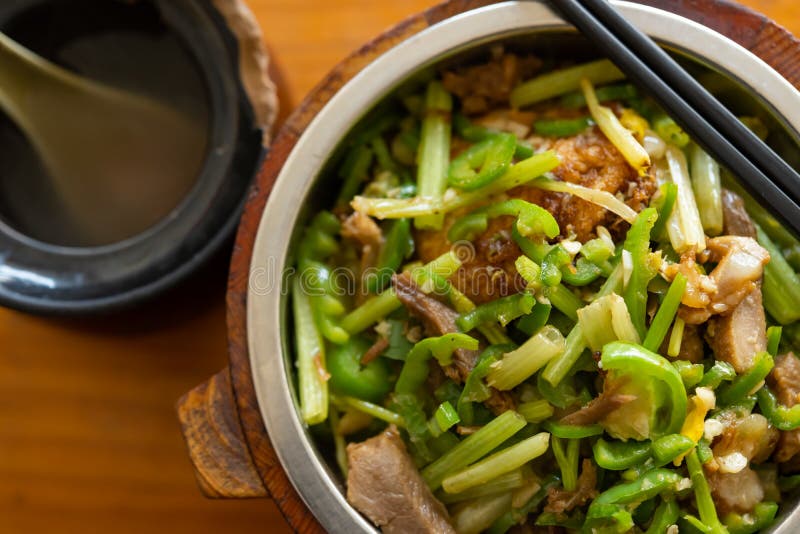 Top View Fast Food of Fried Pork & Fish with Celery with Bowl of Soup ...