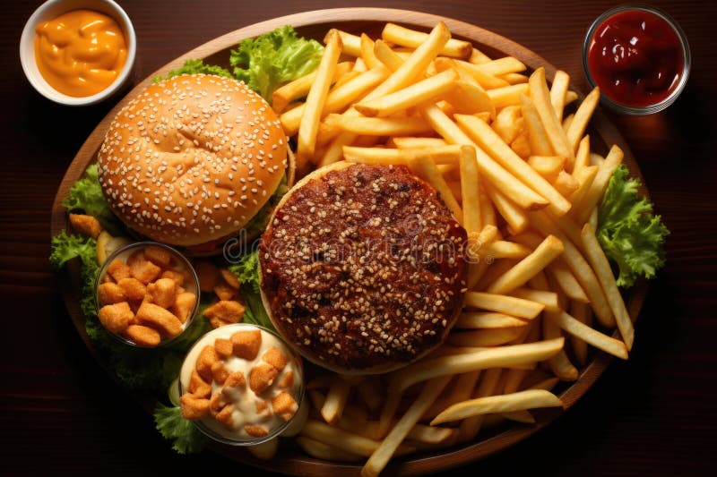 Top View of the Fast Food Plate. Hamburger of Meat, Chips and Slices ...