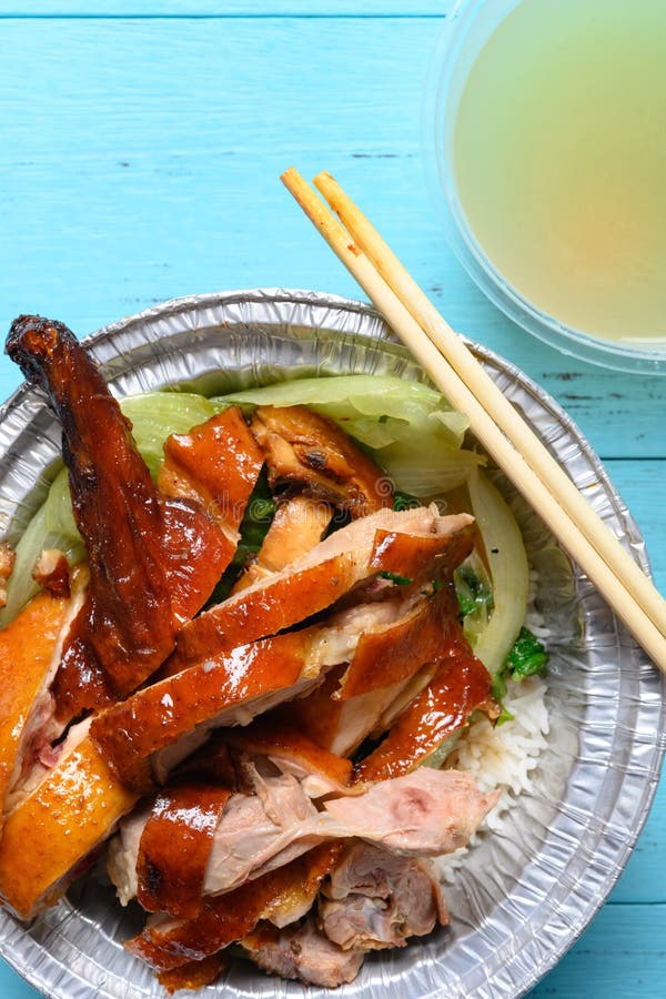 Fast Food Roasted Duck Thigh and Chicken with Cabbage and Rice Vertical ...