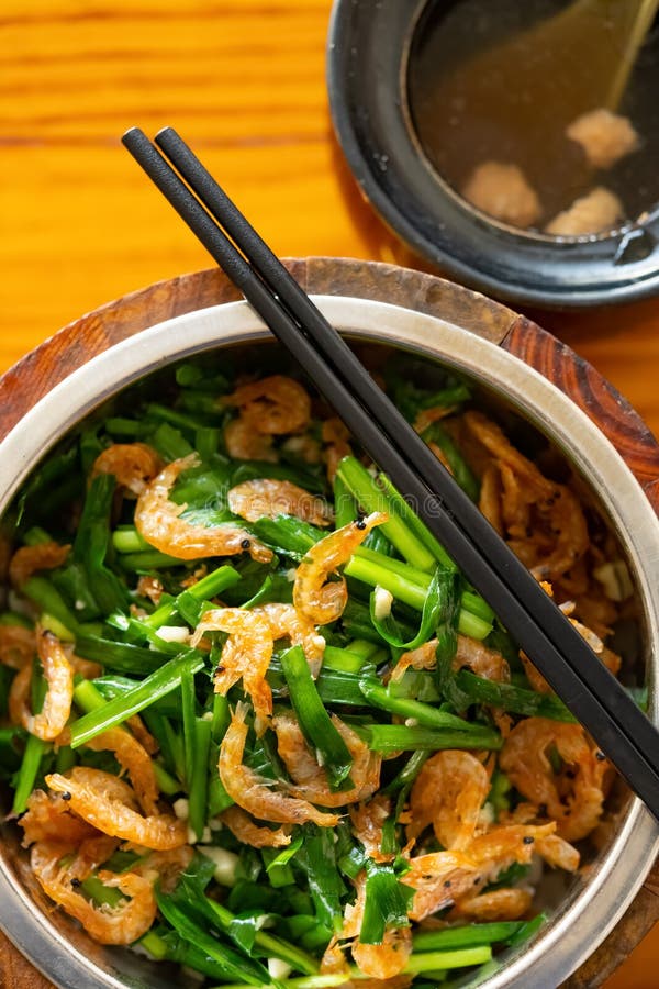 Fast Food Shrimp with Leek and Rice with Soup Vertical Composition ...