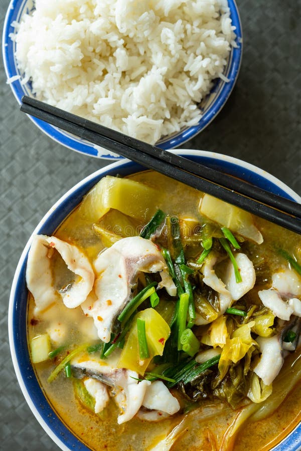 Fast Food of Spicy Boiled Fish with Rice Vertical Composition Stock ...