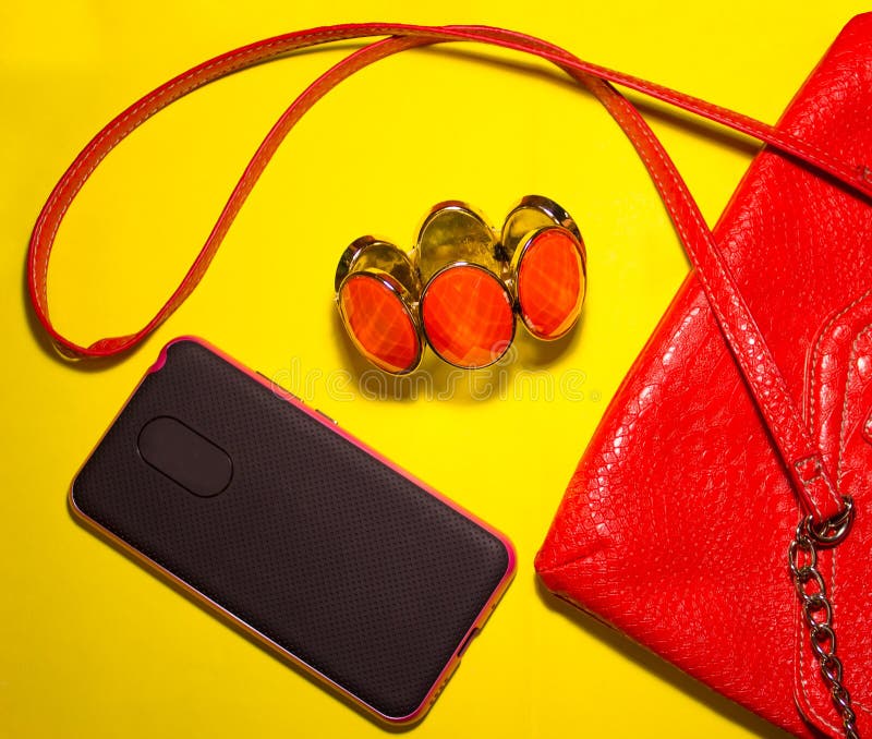 Top View of Female Accessories and Phone on a Blue Background Stock ...