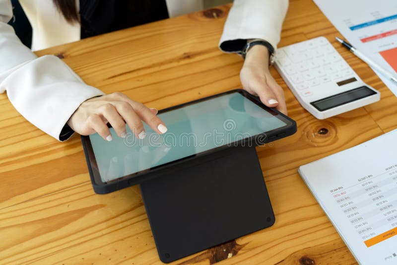 Top View, a Female Accountant Using Portable Wireless Tablet Stock ...